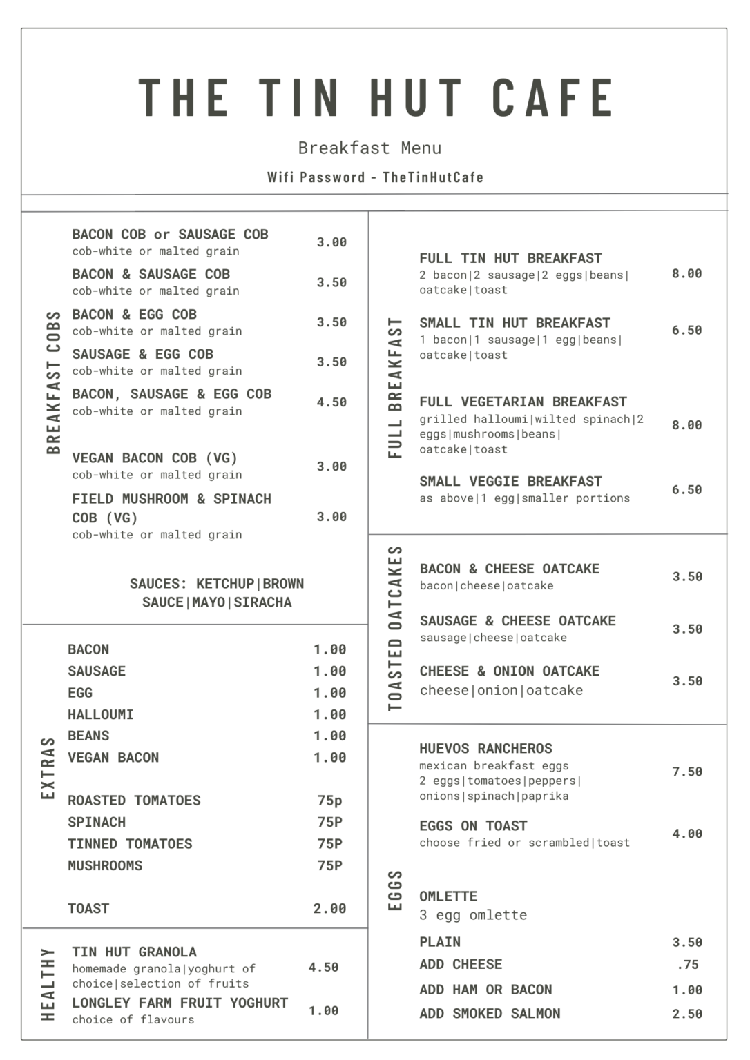Menu – The Tin Hut Cafe